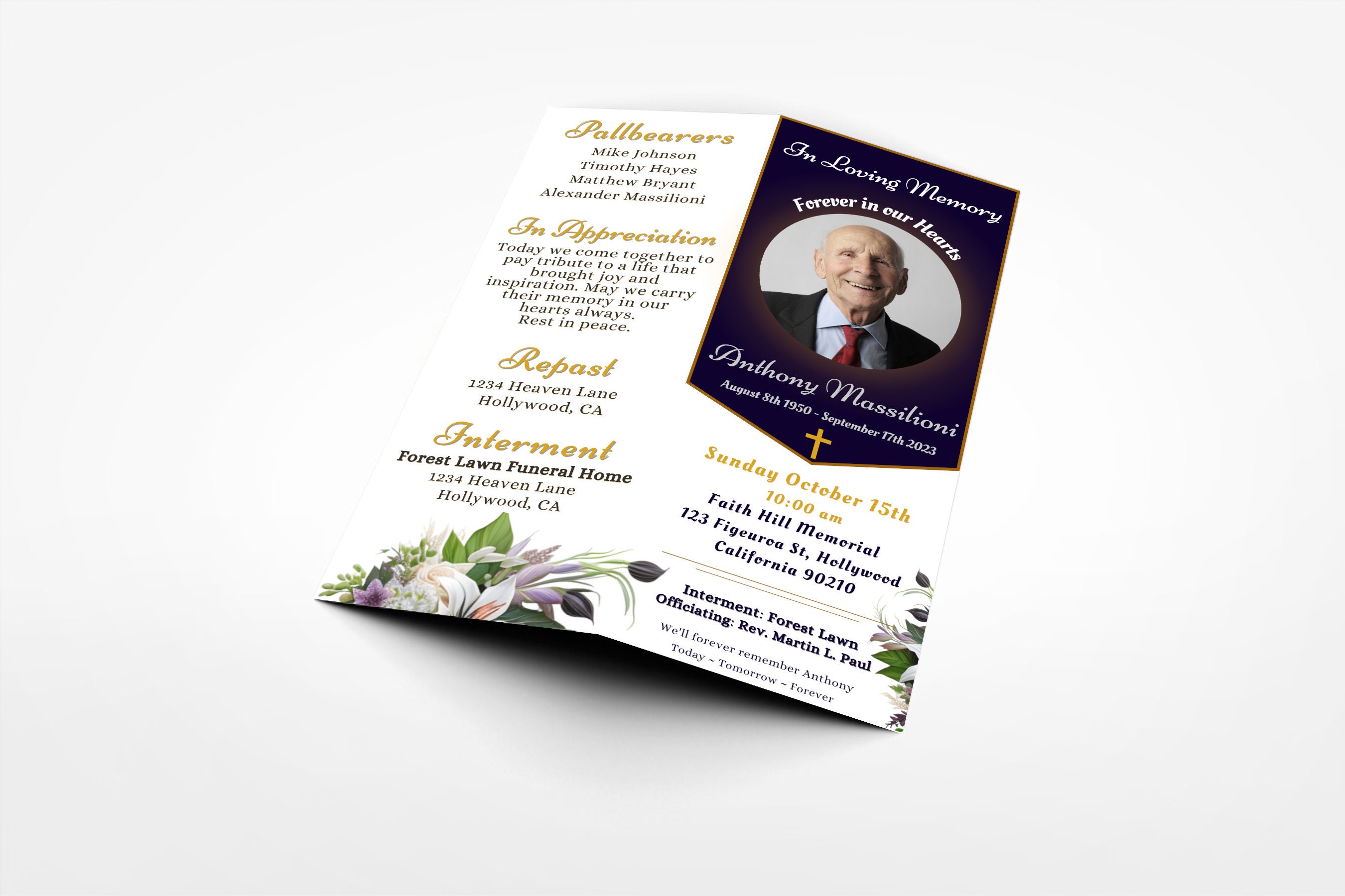 Funeral Obituary Program - Half-fold Brochure - Fully Editable Custom ...