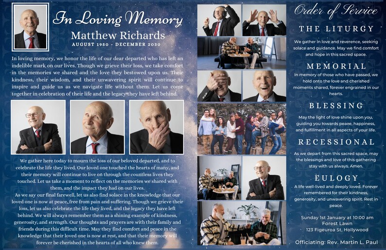 Funeral Program Bi-fold Brochure - Keepsake Obituary Template Design ...