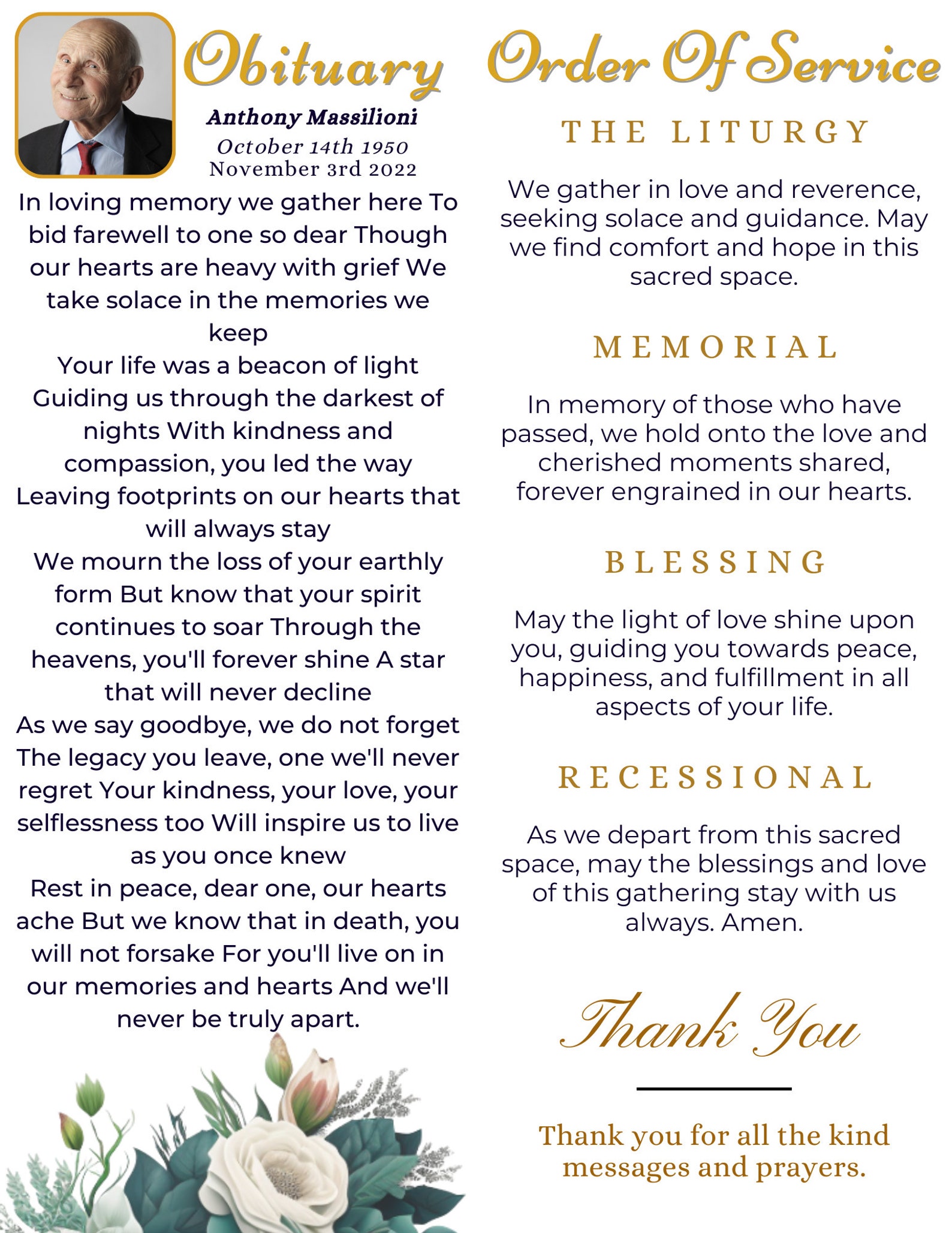 Funeral Obituary Program - Half-fold Brochure - Fully Editable Custom ...