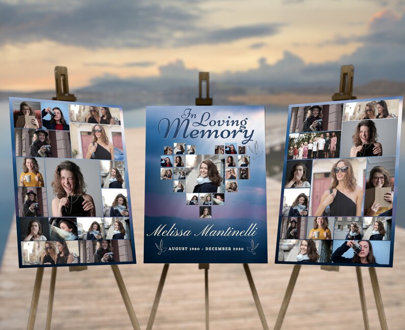 Funeral 3 Piece Posters Template - Heart Collage Editable Design ...