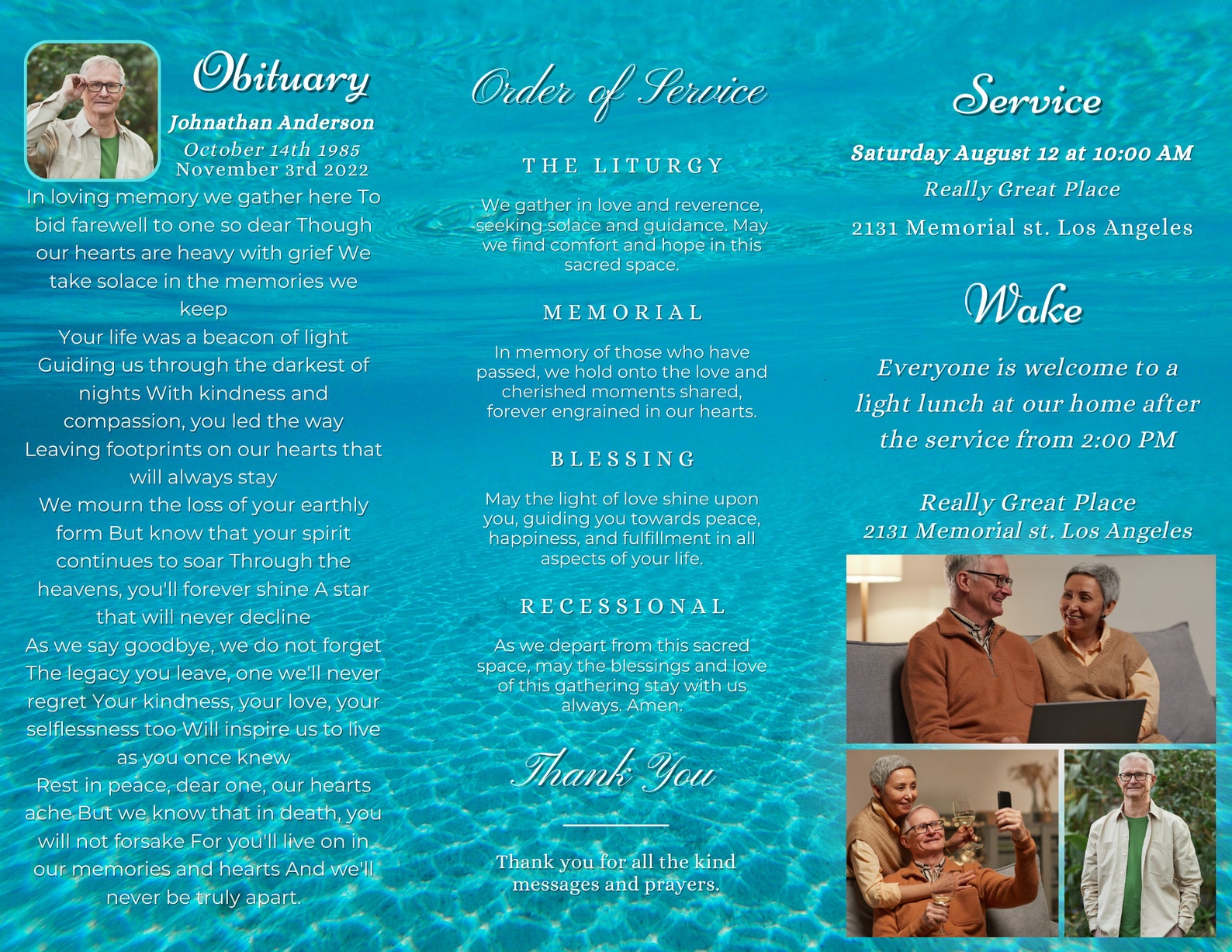 Ocean Blue Funeral Tri-fold Brochure Program Template, Printed or ...