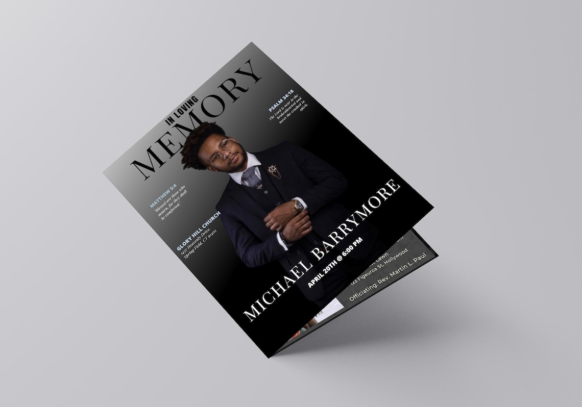 Magazine Style Funeral Program Template | 4 Page Booklet | Obituary and ...