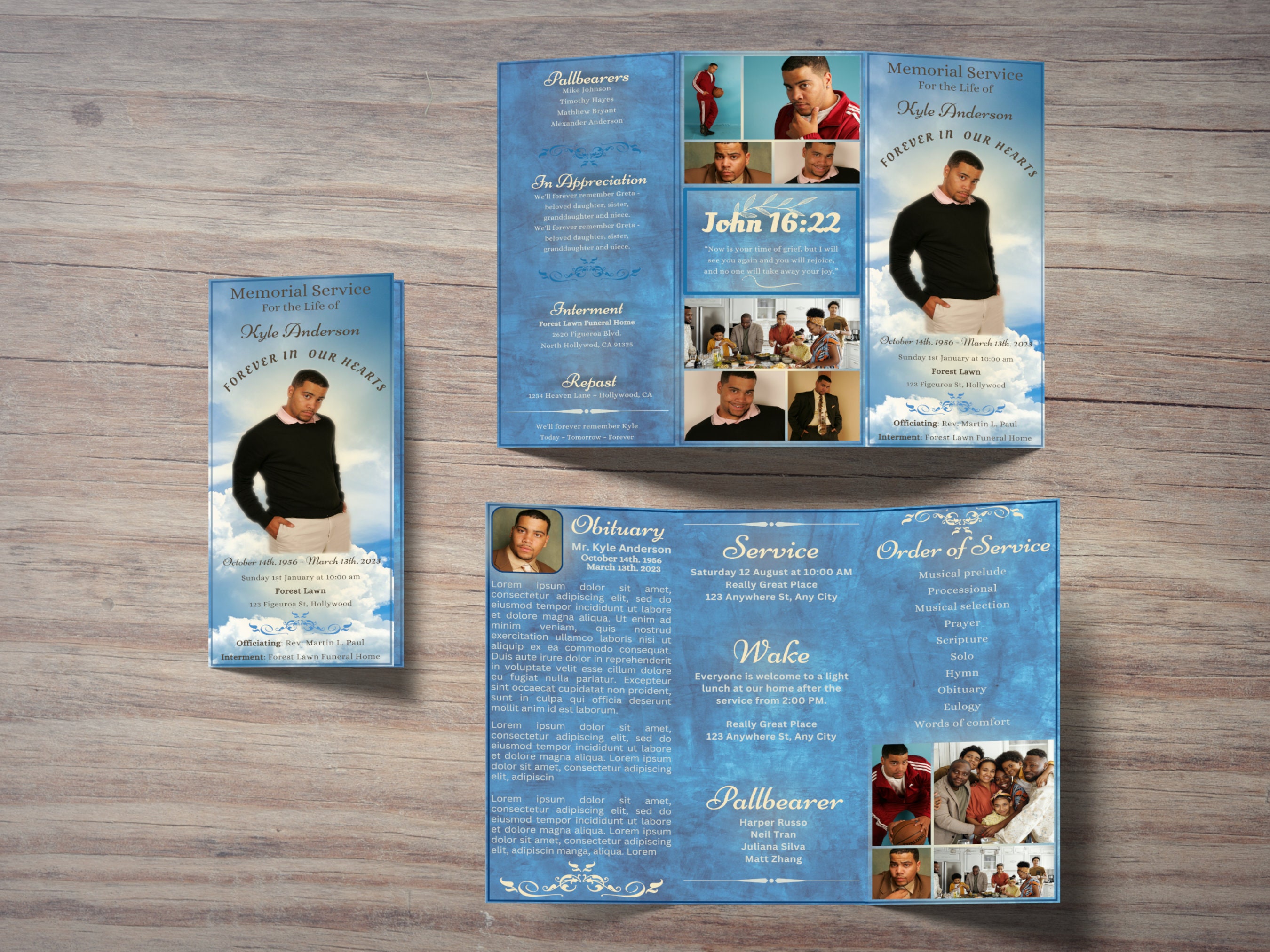 Sky Blue Trifold Funeral Obituary Program Brochure - Elegant ...