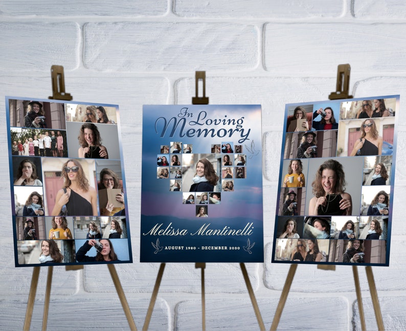 Funeral 3 Piece Posters Template - Heart Collage Editable Design ...