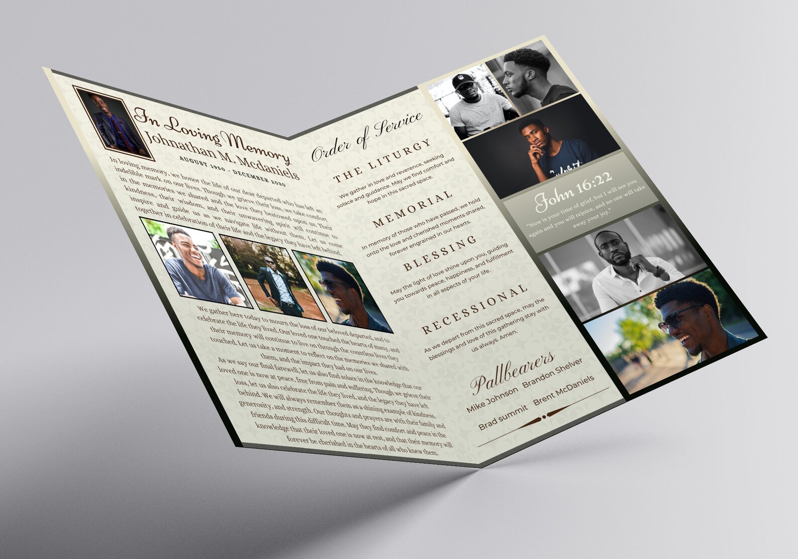 Funeral Obituary Program Brochure - Folds in Half - Fully Customizable ...