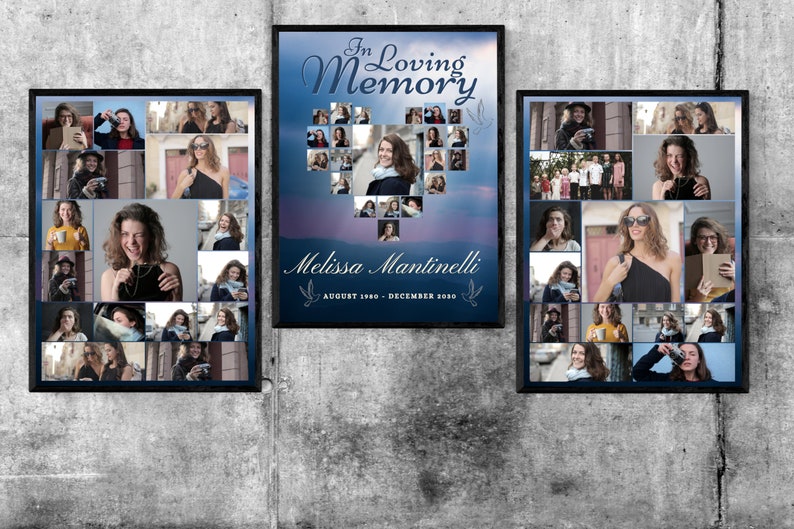 Funeral 3 Piece Posters Template - Heart Collage Editable Design ...