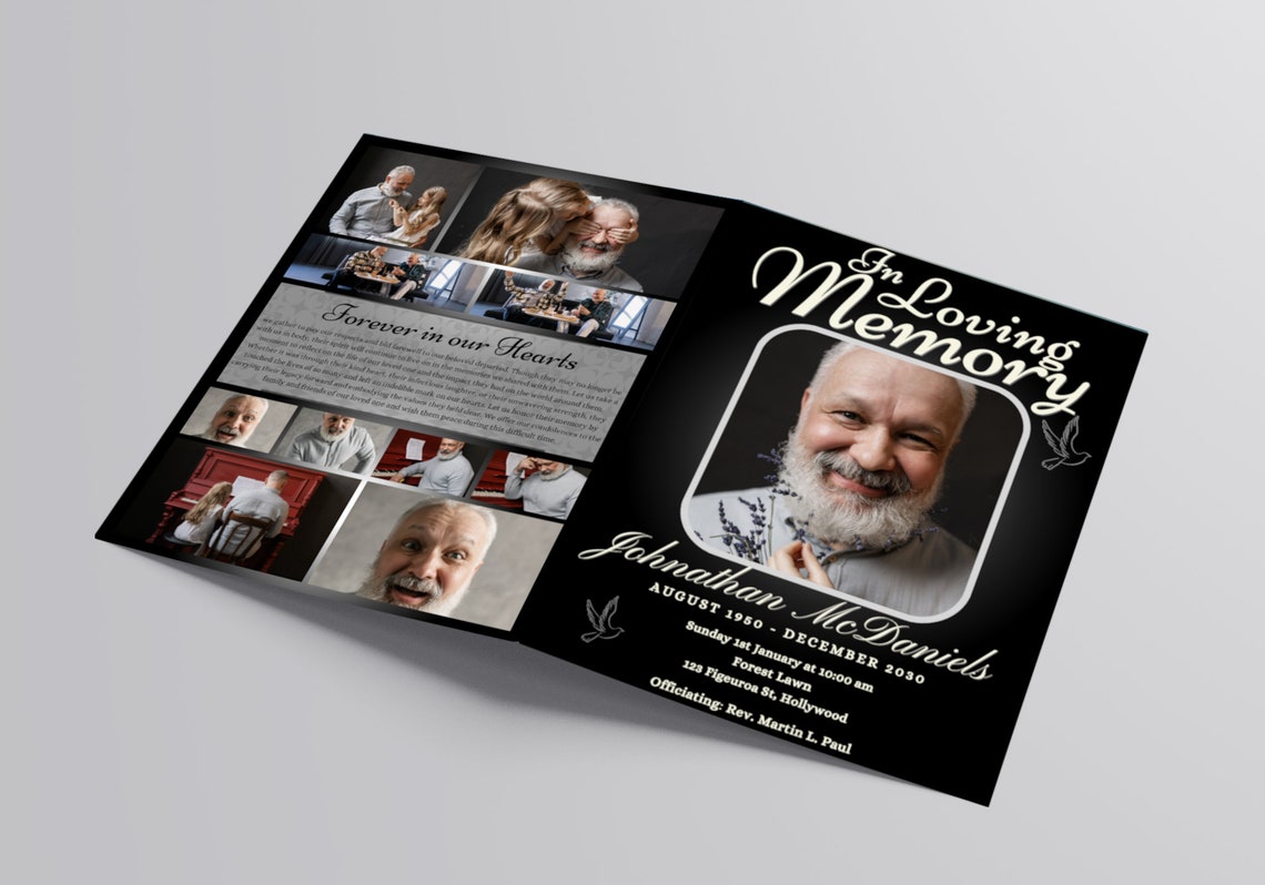 Funeral Program Bi-fold Brochure Black Elegant Template Design - Self ...