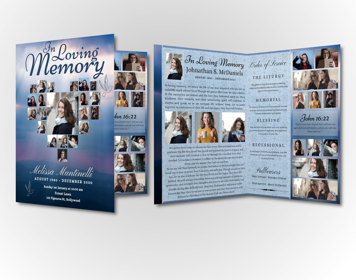 Funeral Program Bi-fold Brochure Heart Collage Template Design - Self ...