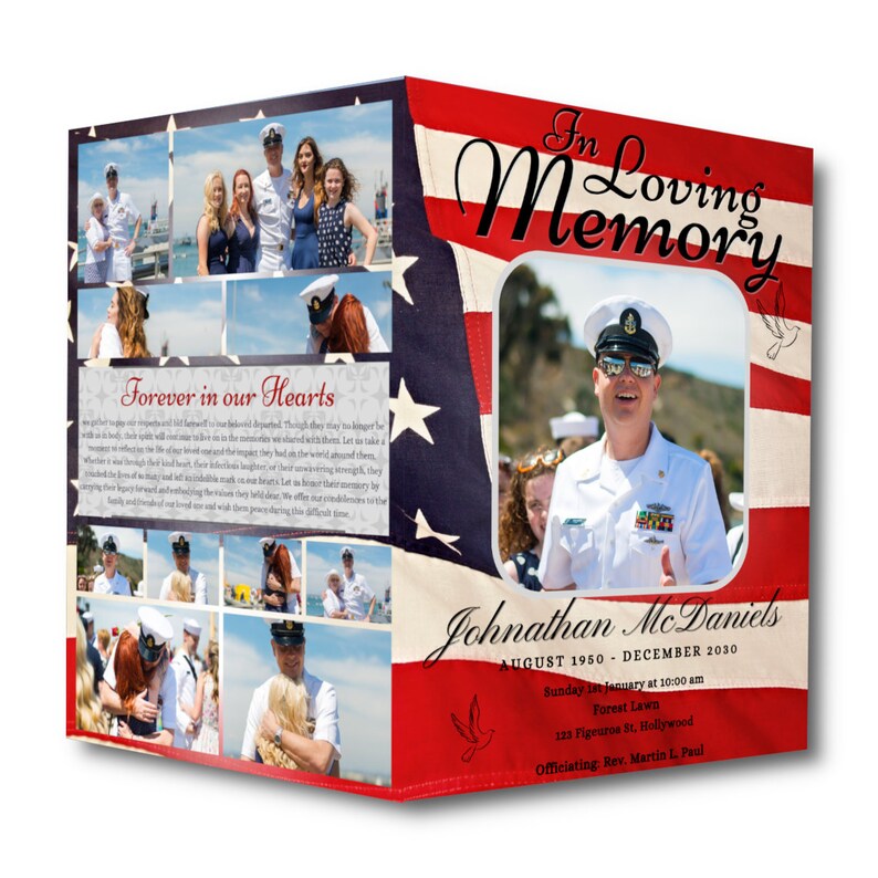 Patriotic Funeral Program Bi-fold Brochure - American Flag Editable ...