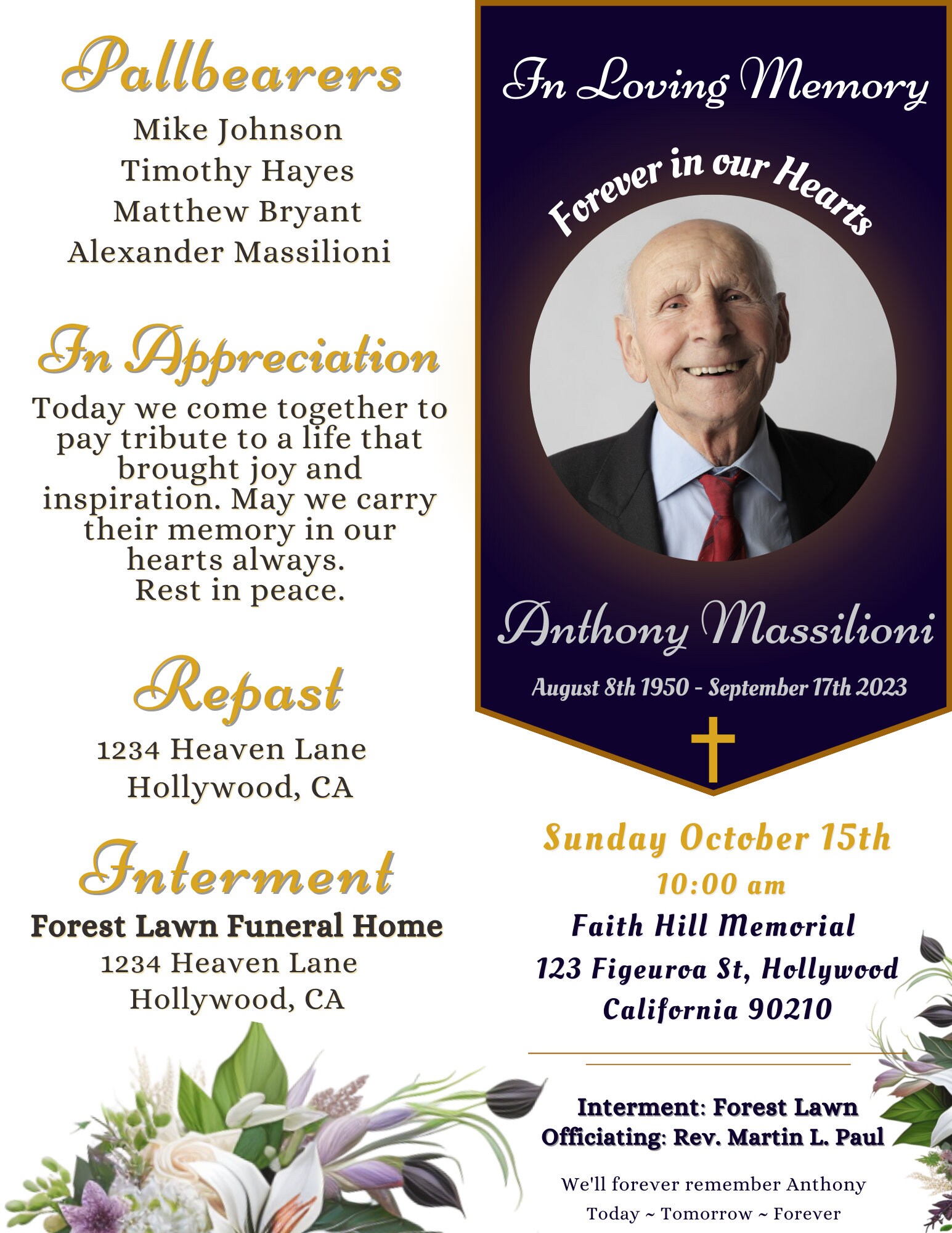 Funeral Obituary Program - Half-fold Brochure - Fully Editable Custom ...
