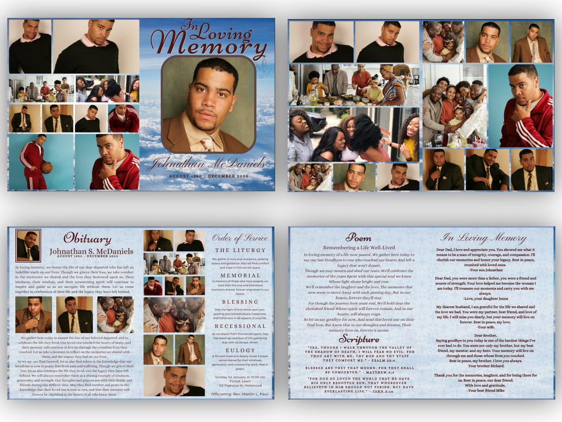 8 Page Funeral Program Pamphlet - Obituary Custom Template Design ...