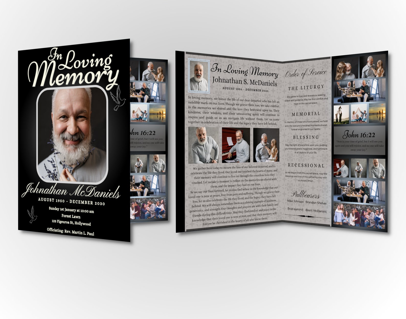 Funeral Program Bi-fold Brochure Black Elegant Template Design - Self ...