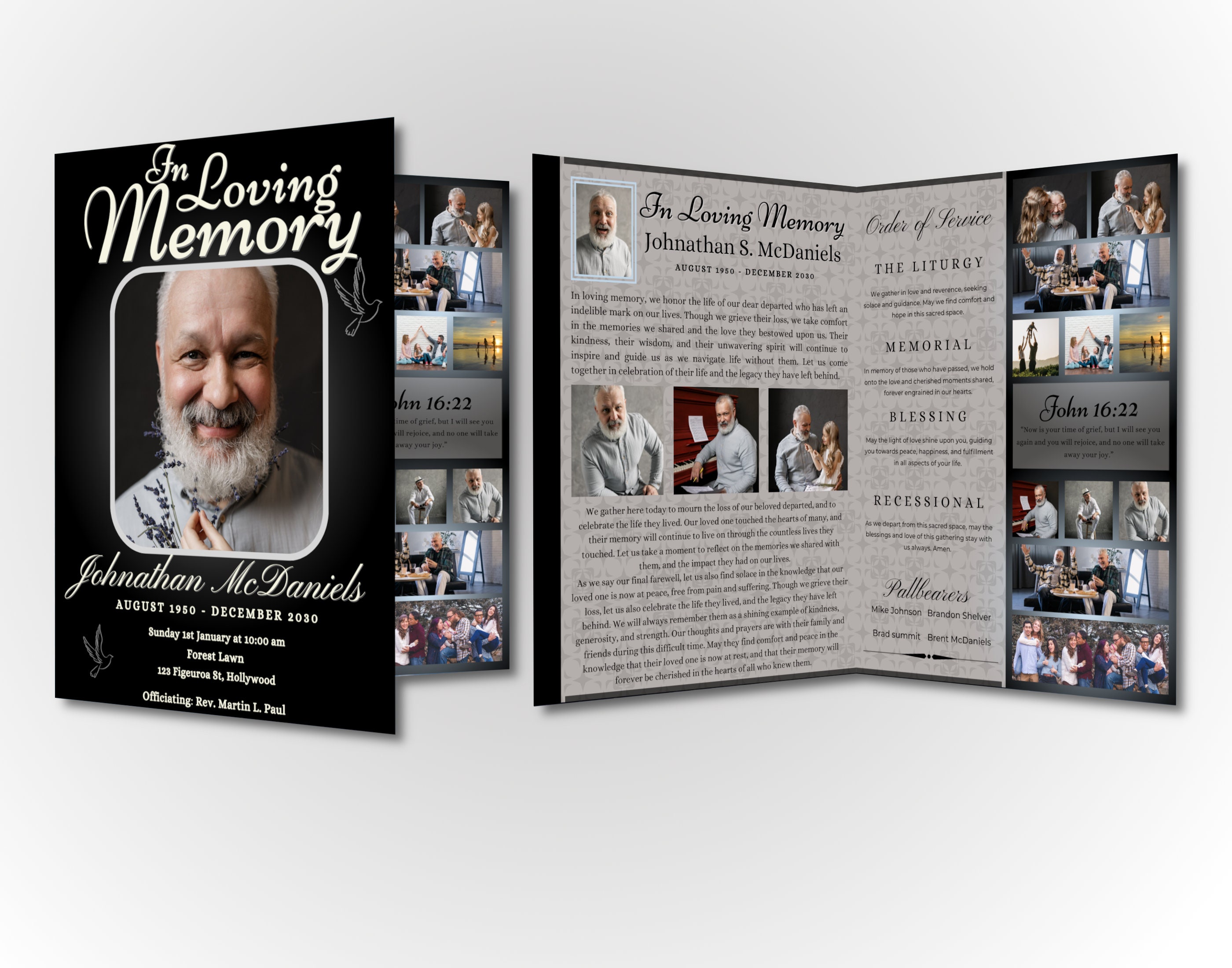 Funeral Program Bi-fold Brochure Black Elegant Template Design - Self ...