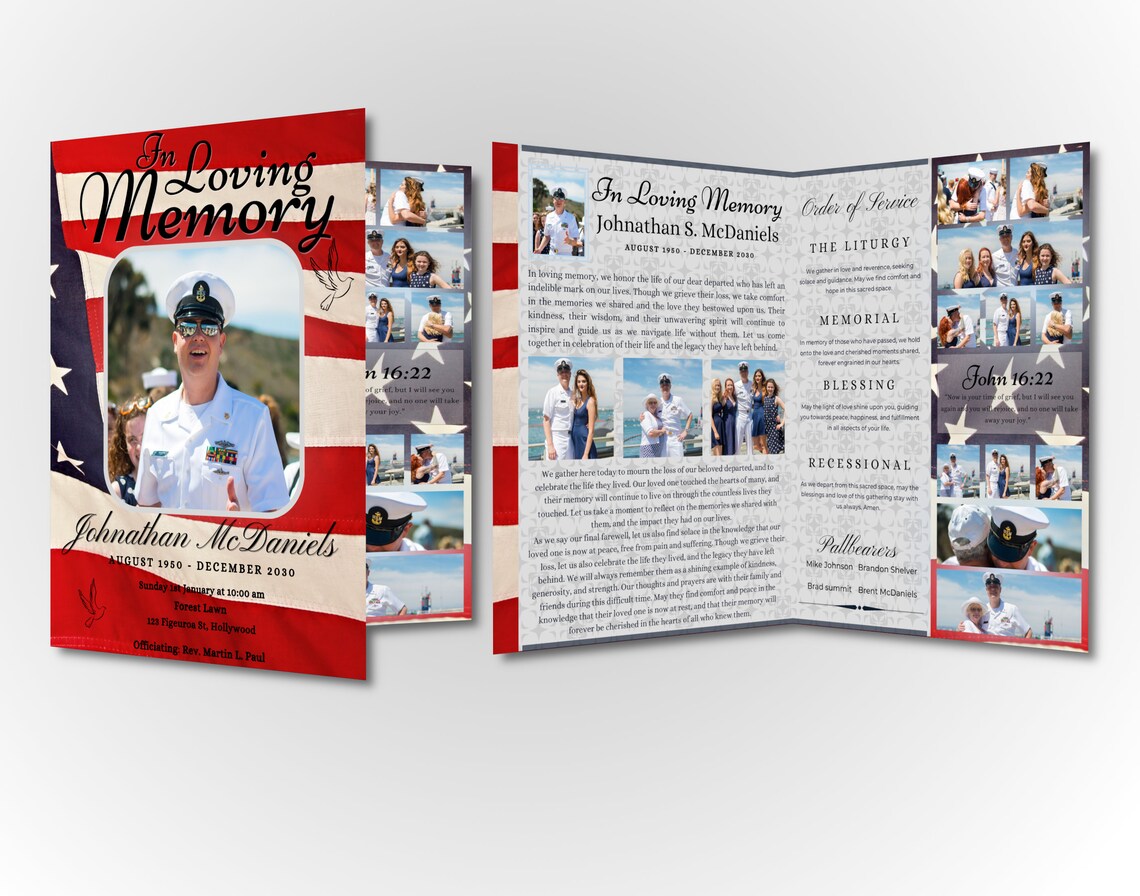 Patriotic Funeral Program Bi-fold Brochure American Flag Editable ...