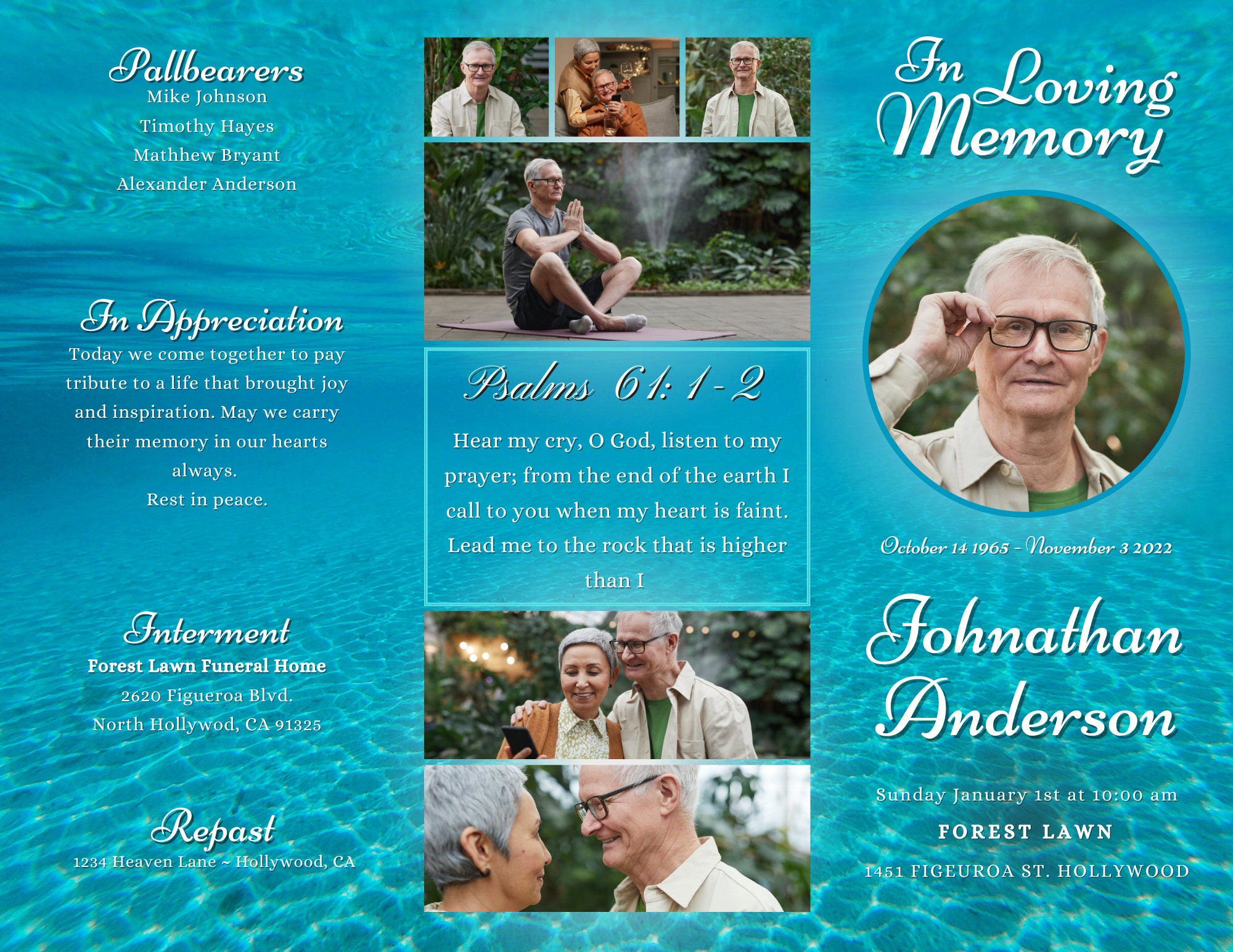 Ocean Blue Funeral Tri-fold Brochure Program Template, Printed or ...