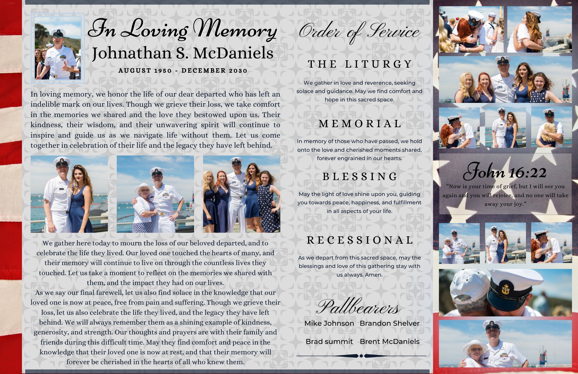 Patriotic Funeral Program Bi-fold Brochure - American Flag Editable ...