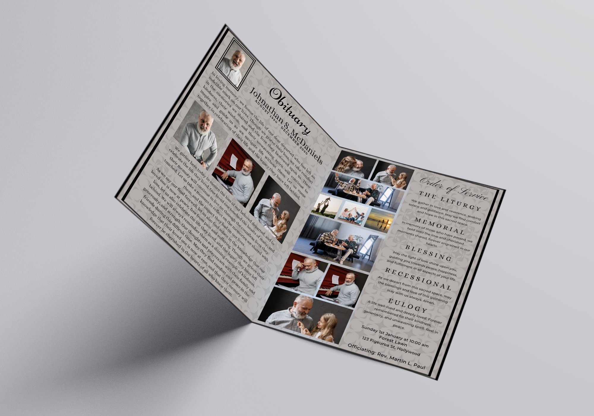 8 Page Funeral Program Bi-fold Brochure - Obituary Template Design ...