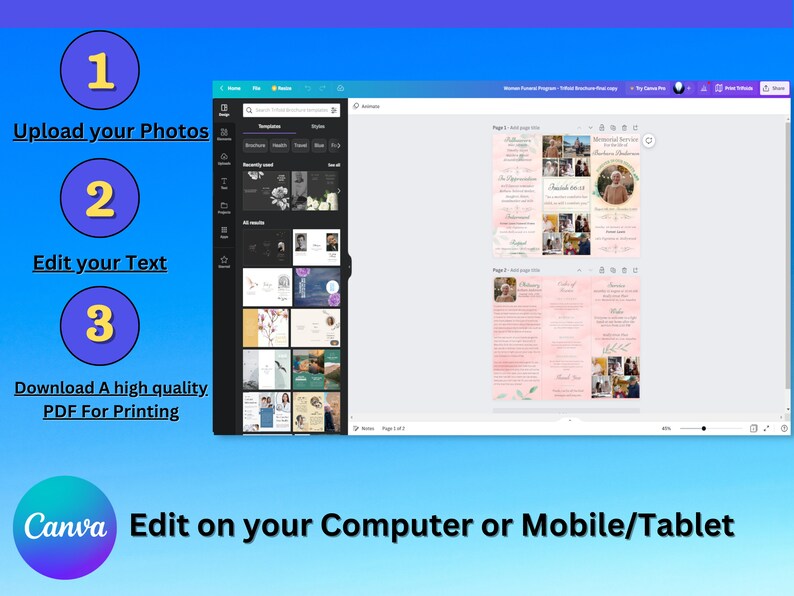 Funeral Tri-fold Brochure Program Template, Digital or Printed, Instant ...
