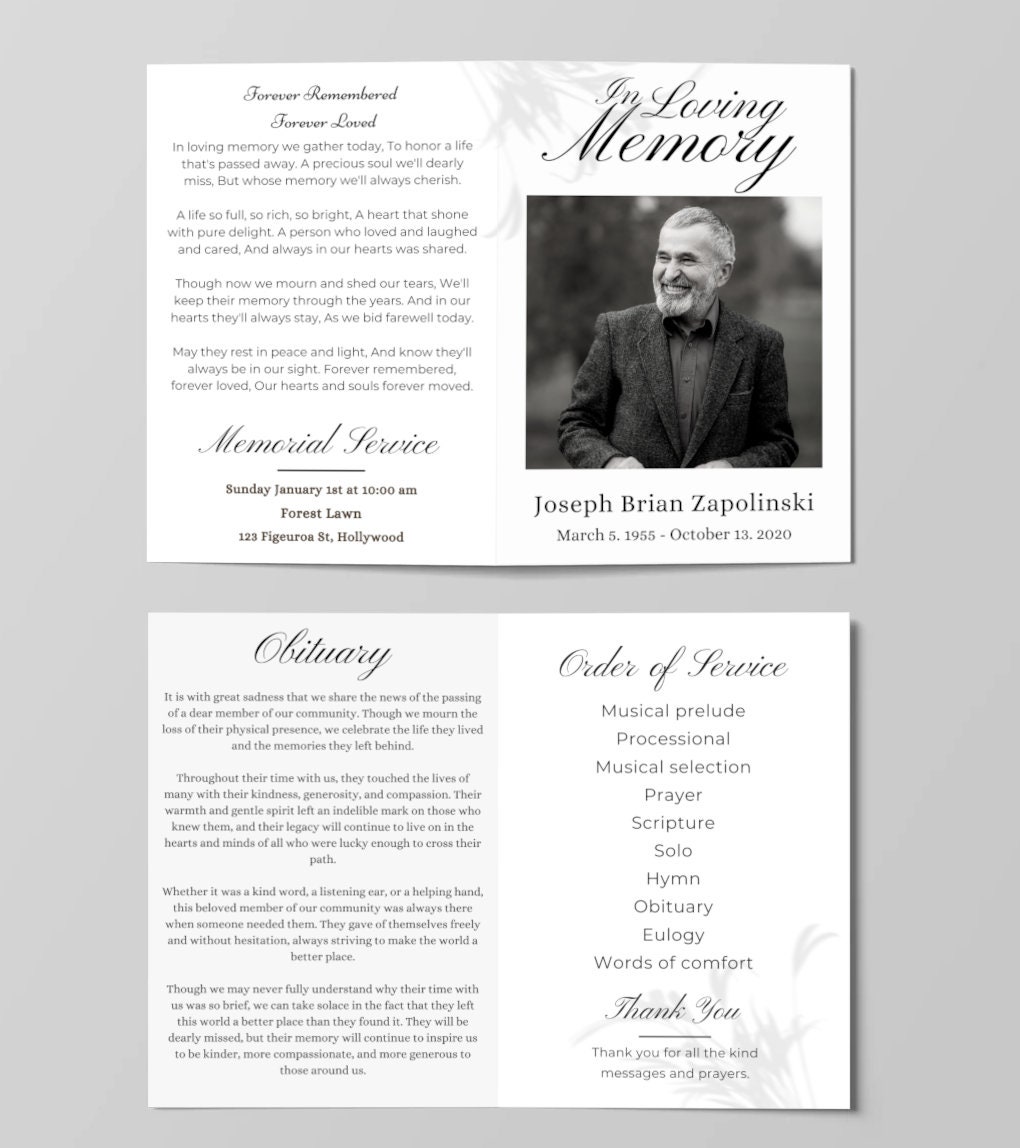 Simple Funeral Memorial Program Folding Card Template - Instant ...
