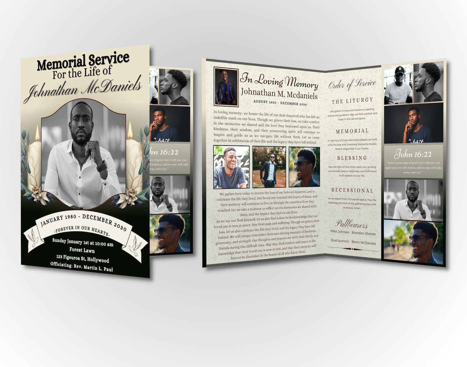 Funeral Obituary Program Brochure - Folds in Half - Fully Customizable ...