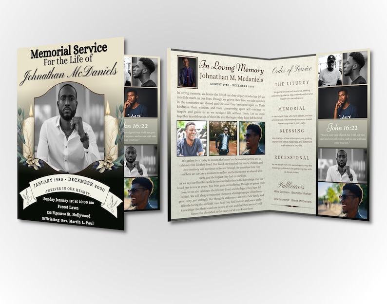 Funeral Obituary Program Brochure - Folds in Half - Fully Customizable ...
