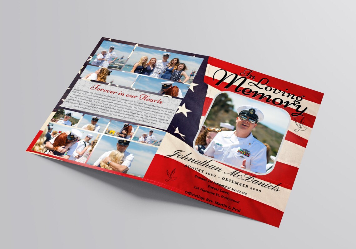 Patriotic Funeral Program Bi-fold Brochure American Flag Editable ...