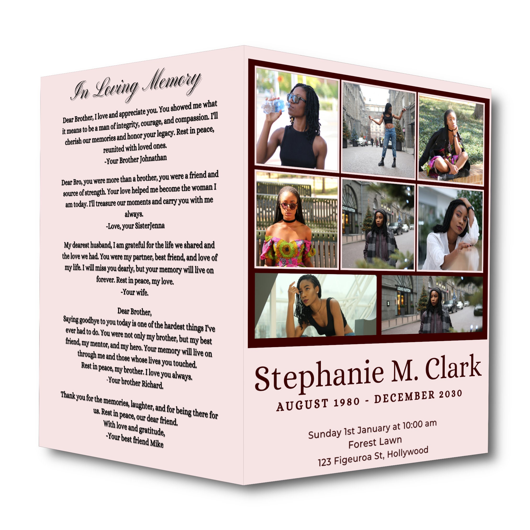 Funeral Program Template | Light Pink Square Grid Photo Collage | 4 ...