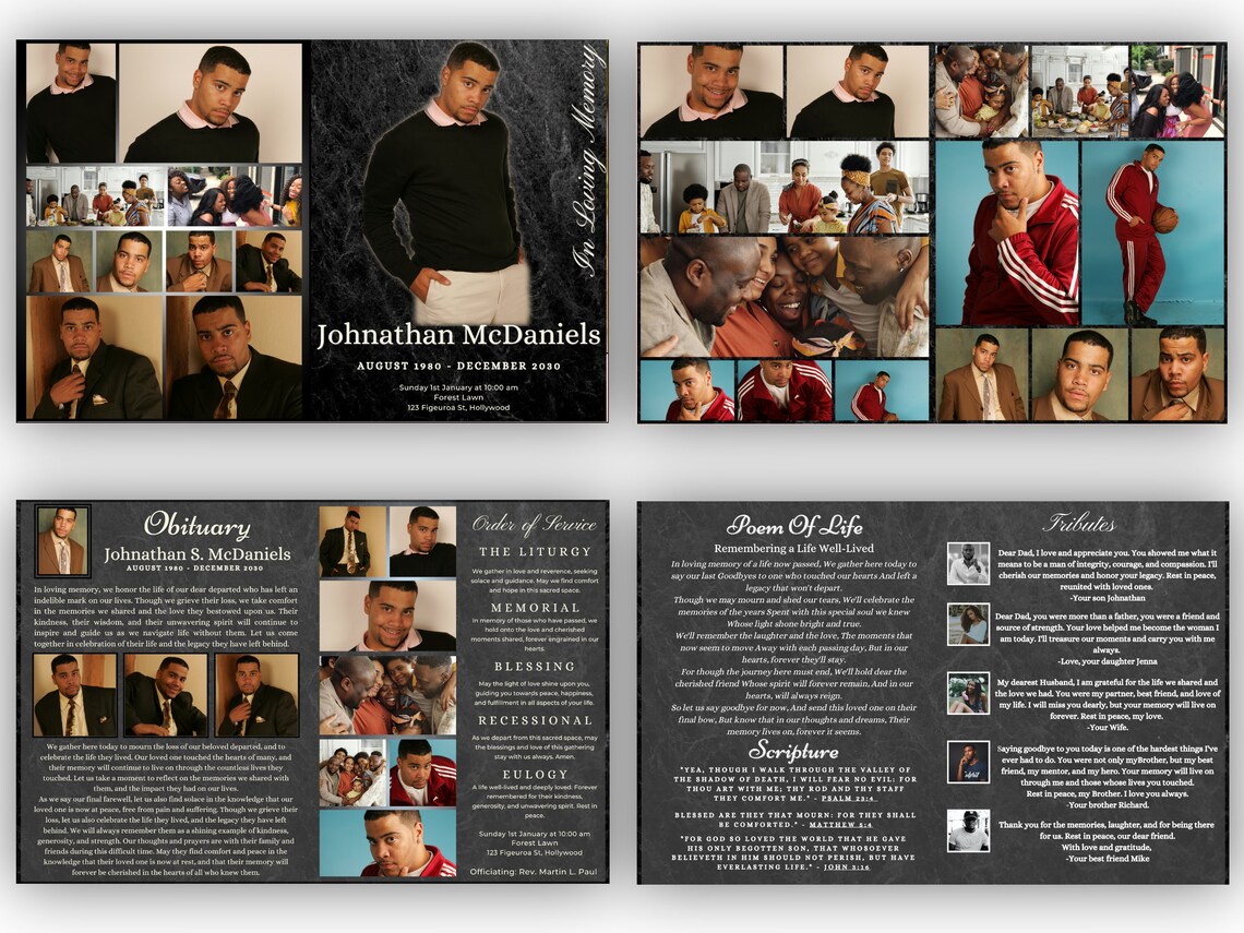 Funeral Program Bi-fold Brochure 8 Pages Elegant Custom Design editable ...