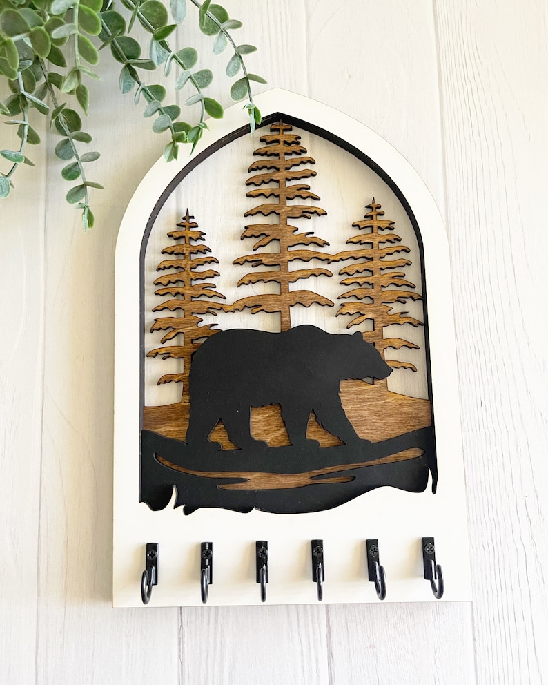 Rustic Cabin Bear Wall Key Holder - Wood Layered Sign Home Decoration ...
