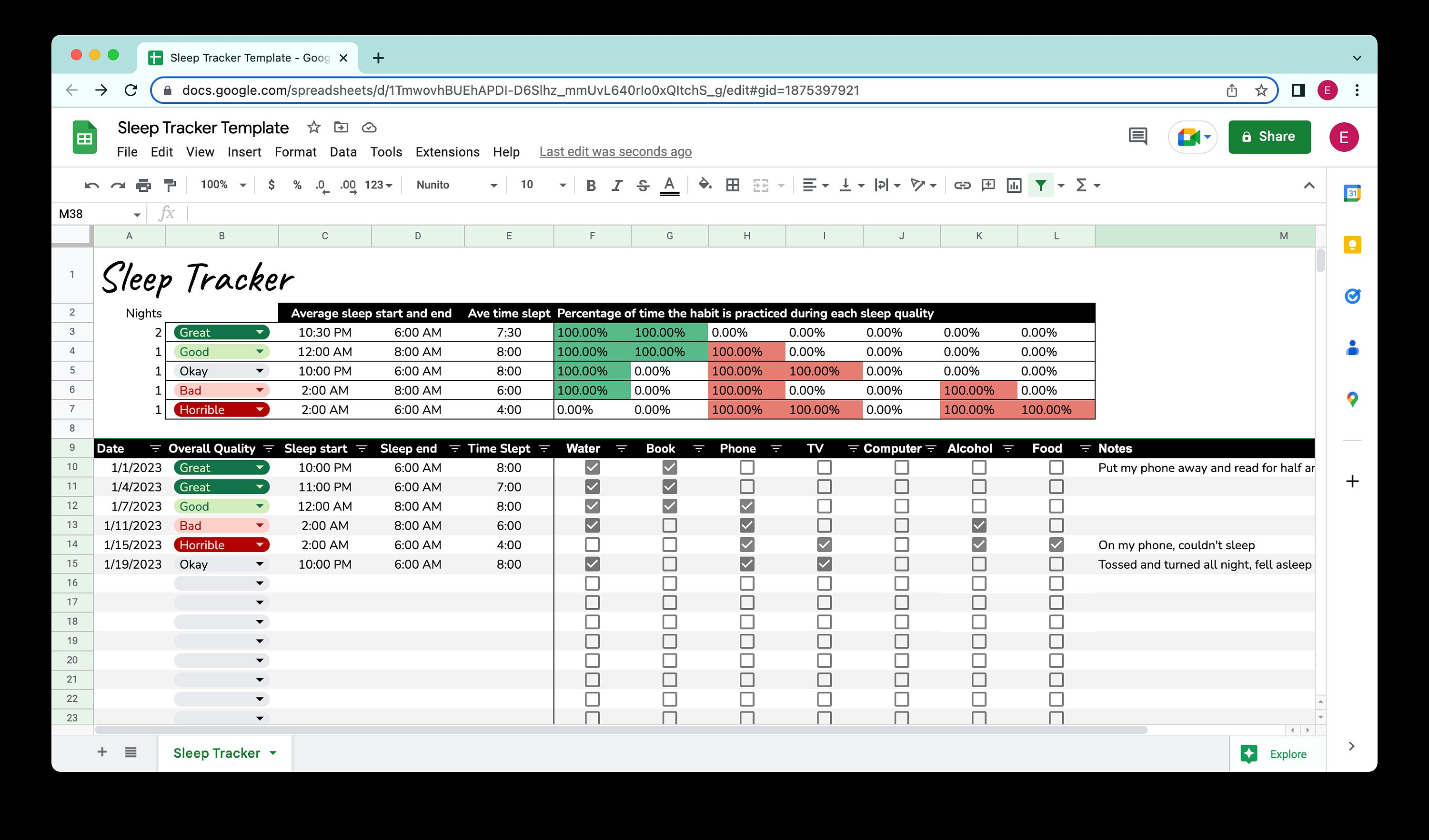 Sleep Tracker Template - Etsy