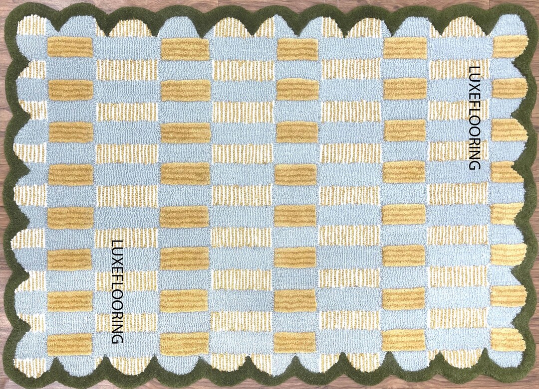 Scallop Blue & Green Tufted Rug, Matilda Goad Plaid Gold With Light Sky ...