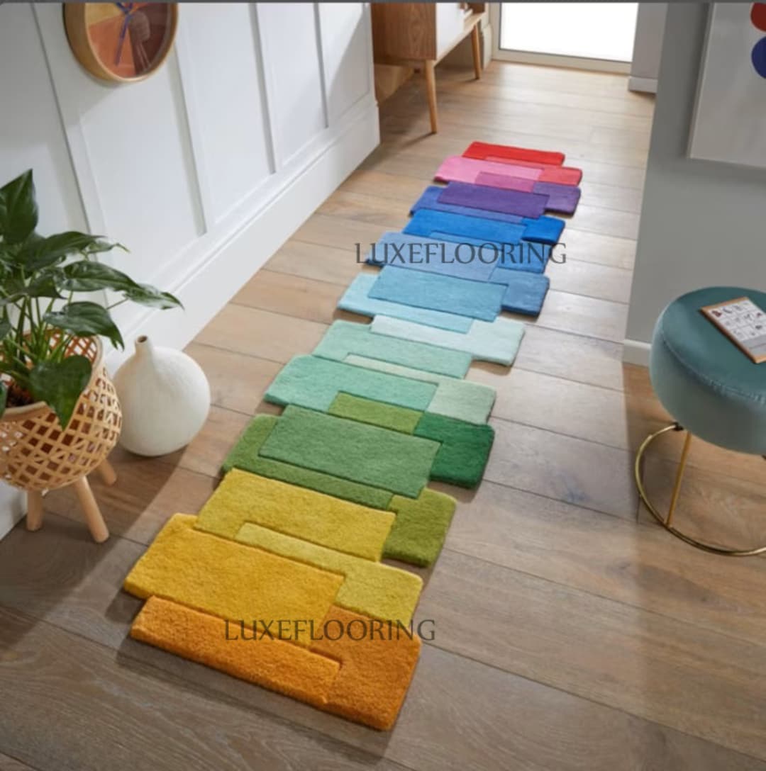 Hand Made Runner Palette Geometric Colour Block Wool Runner Rug in ...