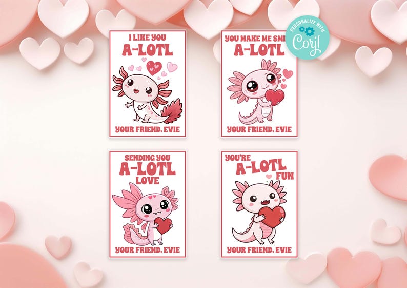 Axolotl Valentine's Day Cards for Kids, Printable Customize With Corjl ...