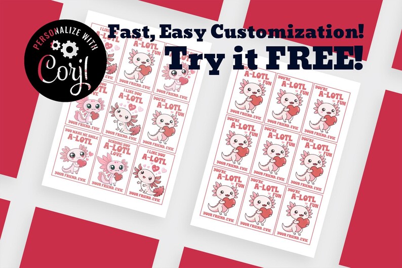 Axolotl Valentine's Day Cards for Kids, Printable Customize With Corjl ...