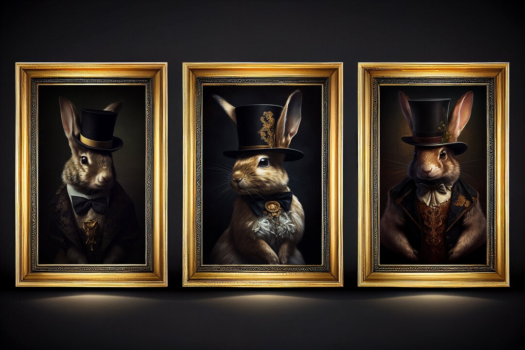 Set of 3 Fancy Dressed Rabbit Portraits, Animal Portrait Digital Files ...