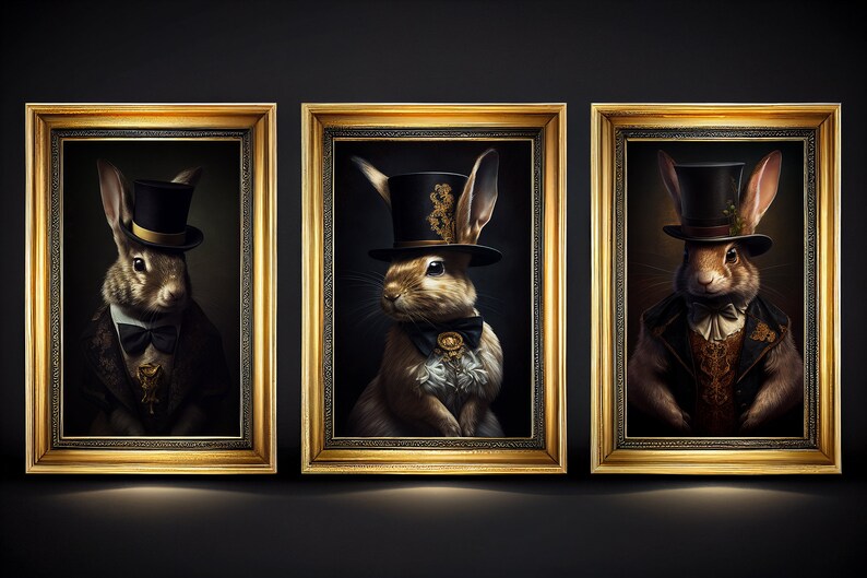 Set of 3 Fancy Dressed Rabbit Portraits, Animal Portrait Digital Files ...