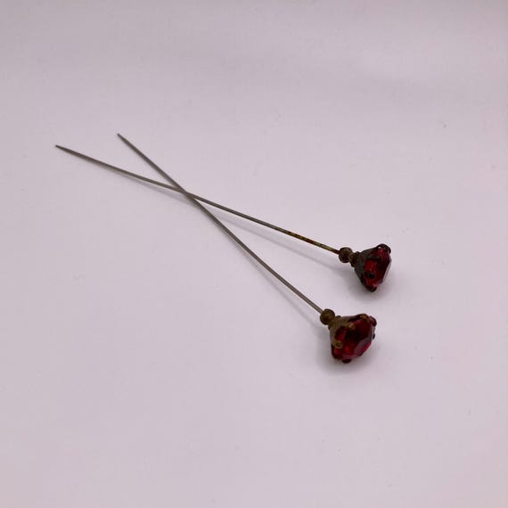 Pair of Antique Hat Pins with Red Glass Stones | OS - Gem