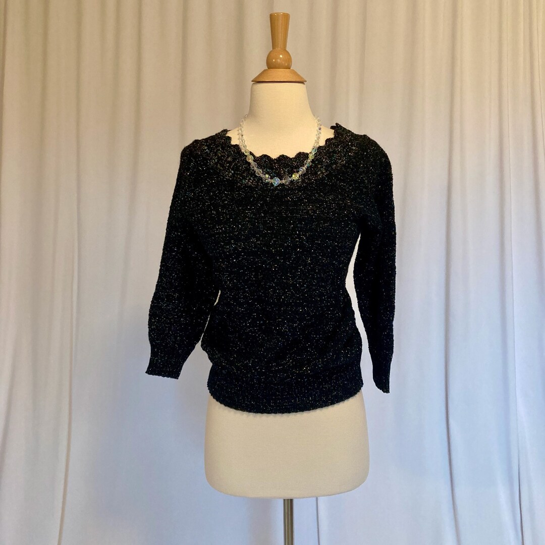 1980s Black and Metallic Sparkling Kate Collins Sweater | Medium - Etsy