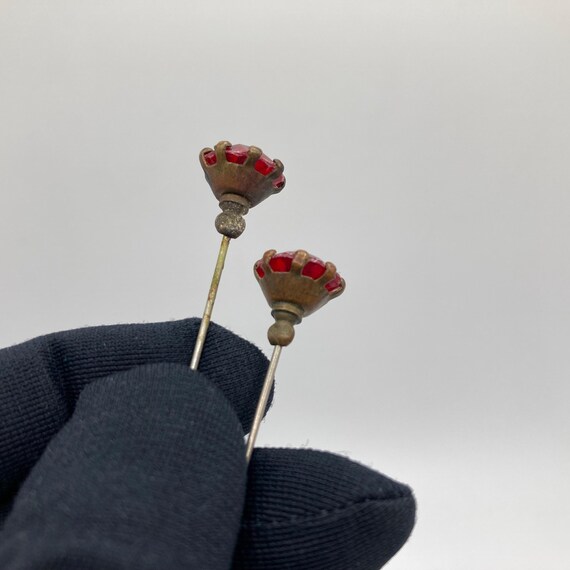 Pair of Antique Hat Pins with Red Glass Stones | OS - Gem