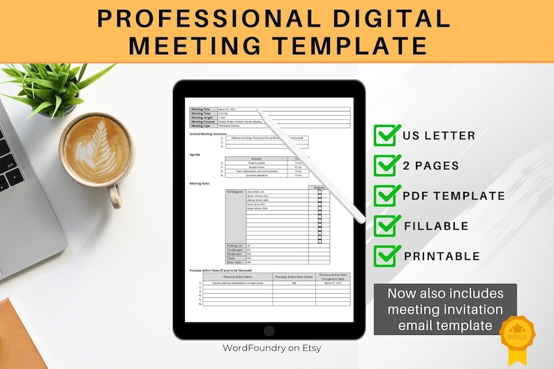 Professional Digital Meeting Notes Template - Streamlined, Editable ...