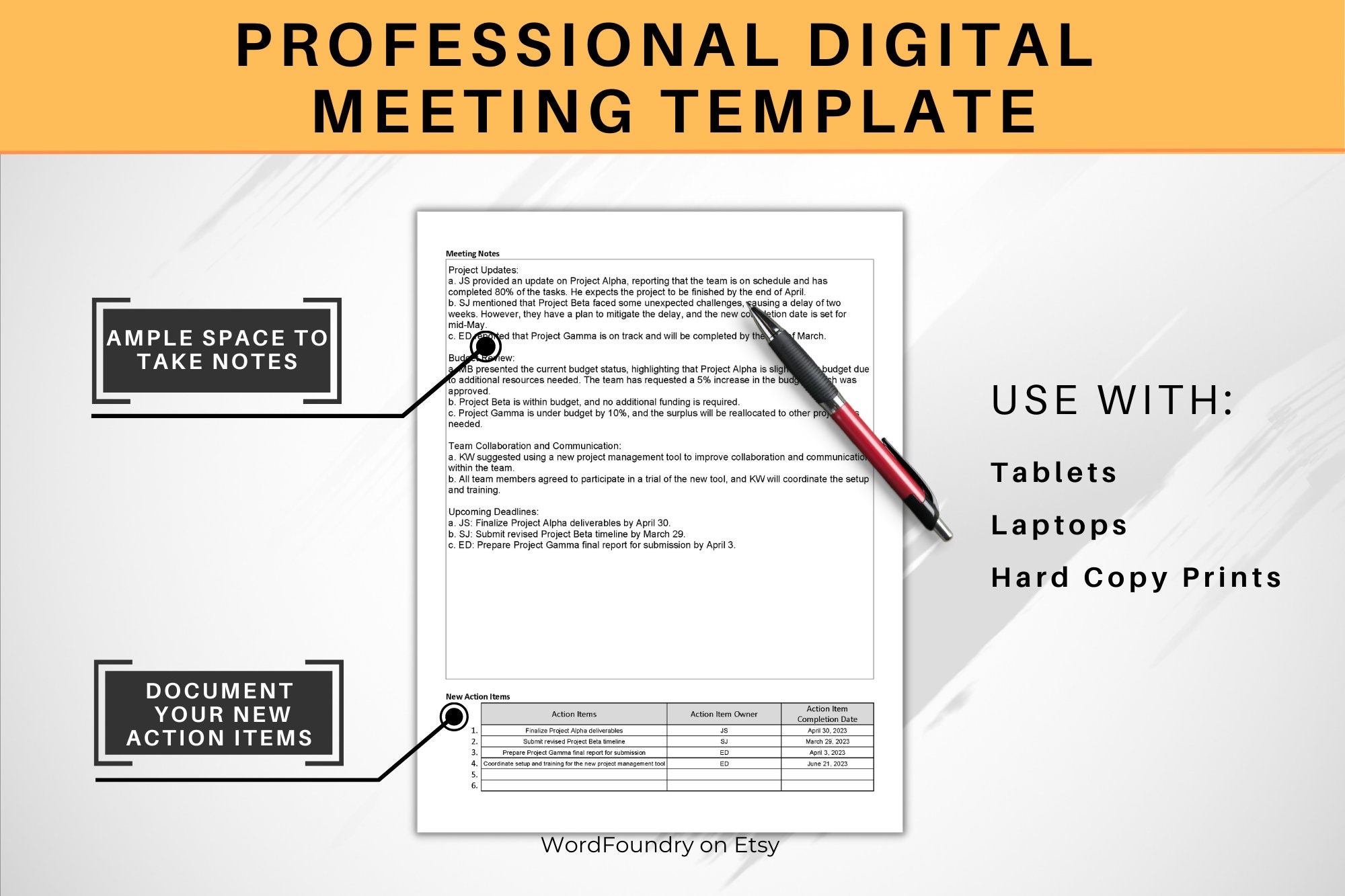 Professional Digital Meeting Notes Template - Streamlined, Editable ...