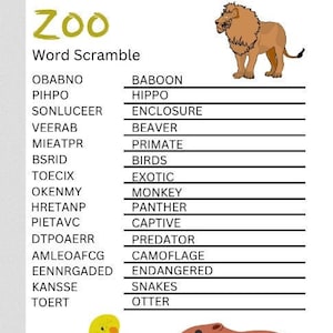 Zoo Word Scrambles and Word Searches, Printable Activities and Games - Etsy