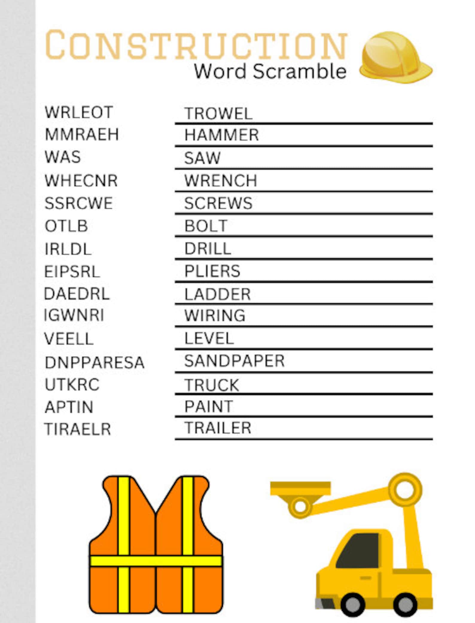Construction Word Scrambles and Word Searches, Printable Activities and ...