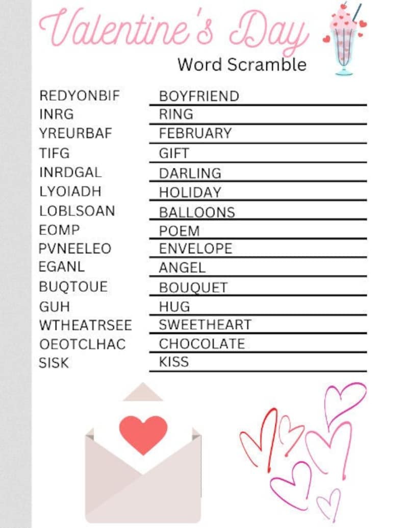 Valentine's Day Word Scrambles and Word Searches, Printable Activities ...
