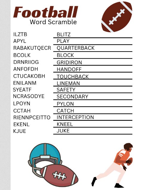 Football Word Scrambles and Word Searches, Printable Activities and ...