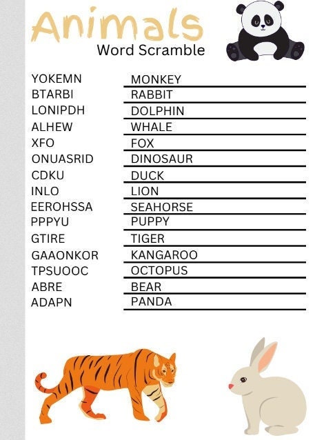 Animals Word Scrambles and Word Searches, Printable Activities and ...