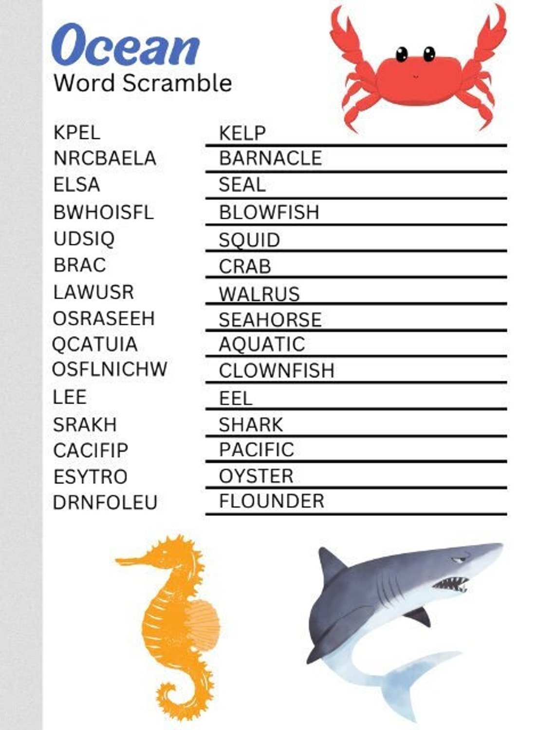 Ocean Word Scrambles and Word Searches, Printable Activities and Games ...