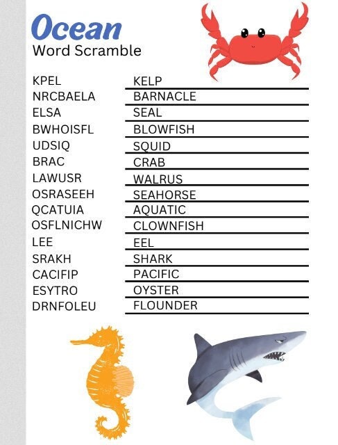 Ocean Word Scrambles and Word Searches, Printable Activities and Games ...