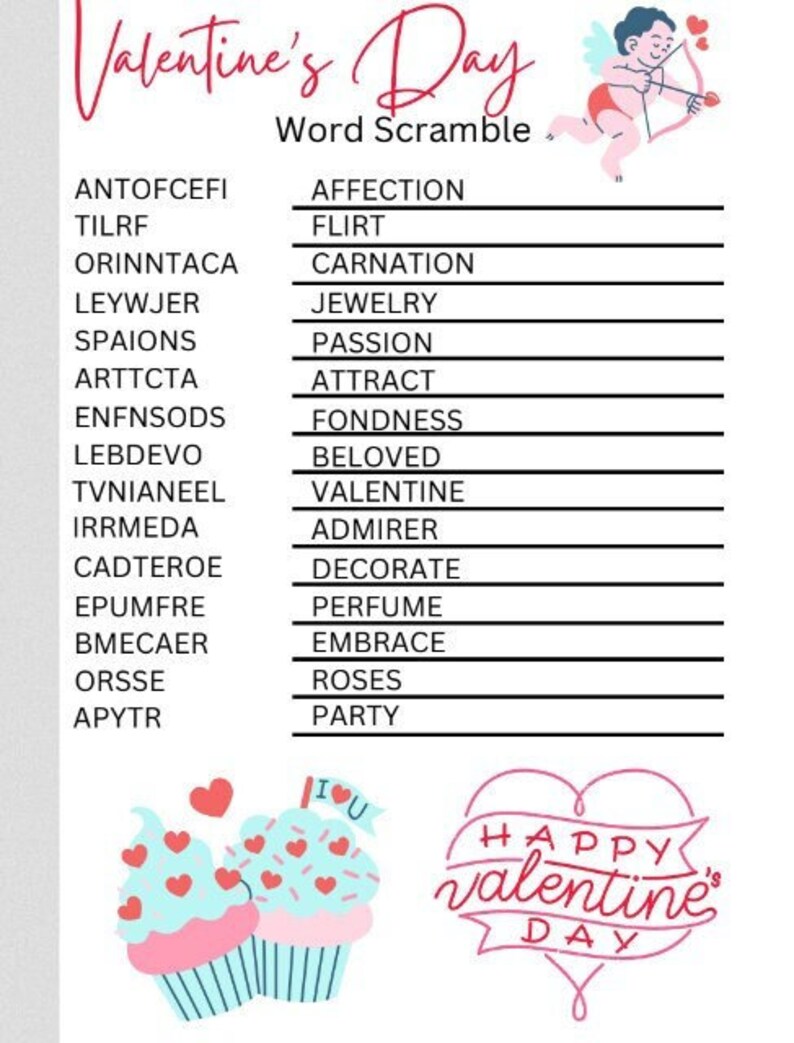 Valentine's Day Word Scrambles and Word Searches, Printable Activities ...