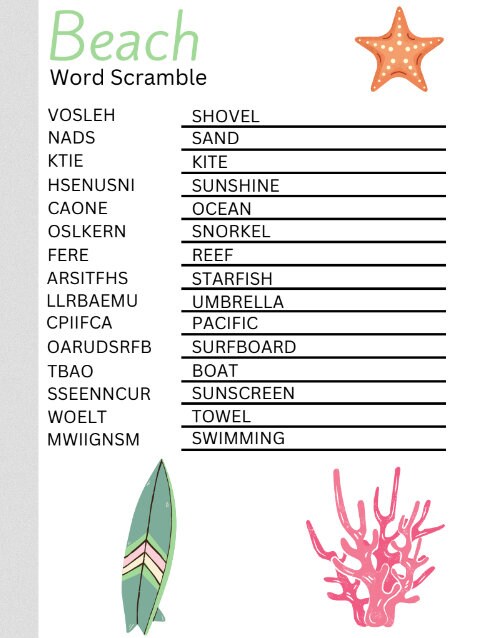 Beach Word Scrambles and Word Searches, Printable Activities and Games ...